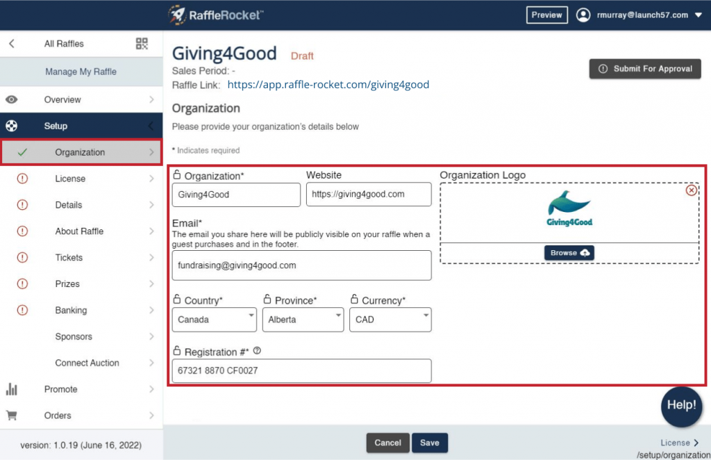 Set Up Your Organization - Raffle Rocket